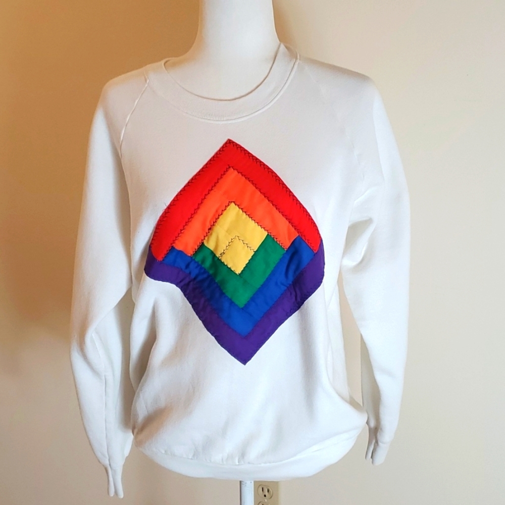 White With Rainbow Pride Patchwork Diamond Sweatshirt - Gem